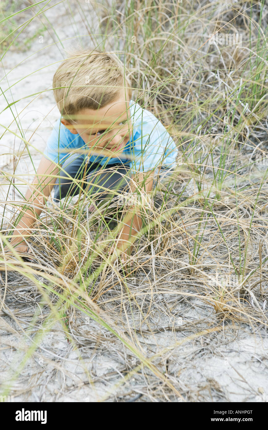 Young boy crouching in tall grass, looking away Stock Photo - Alamy