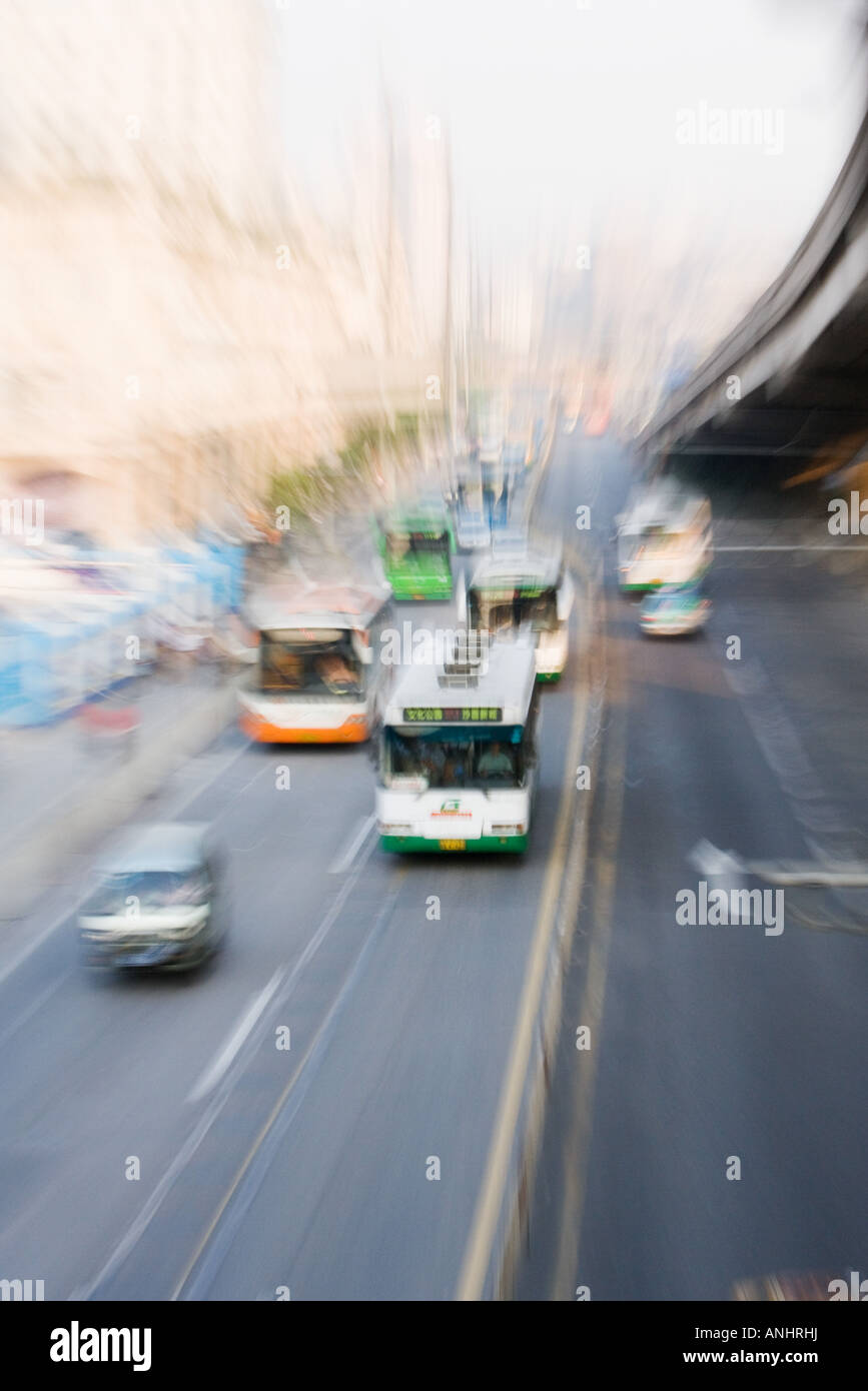City buses, blurred motion, high angle view Stock Photo - Alamy
