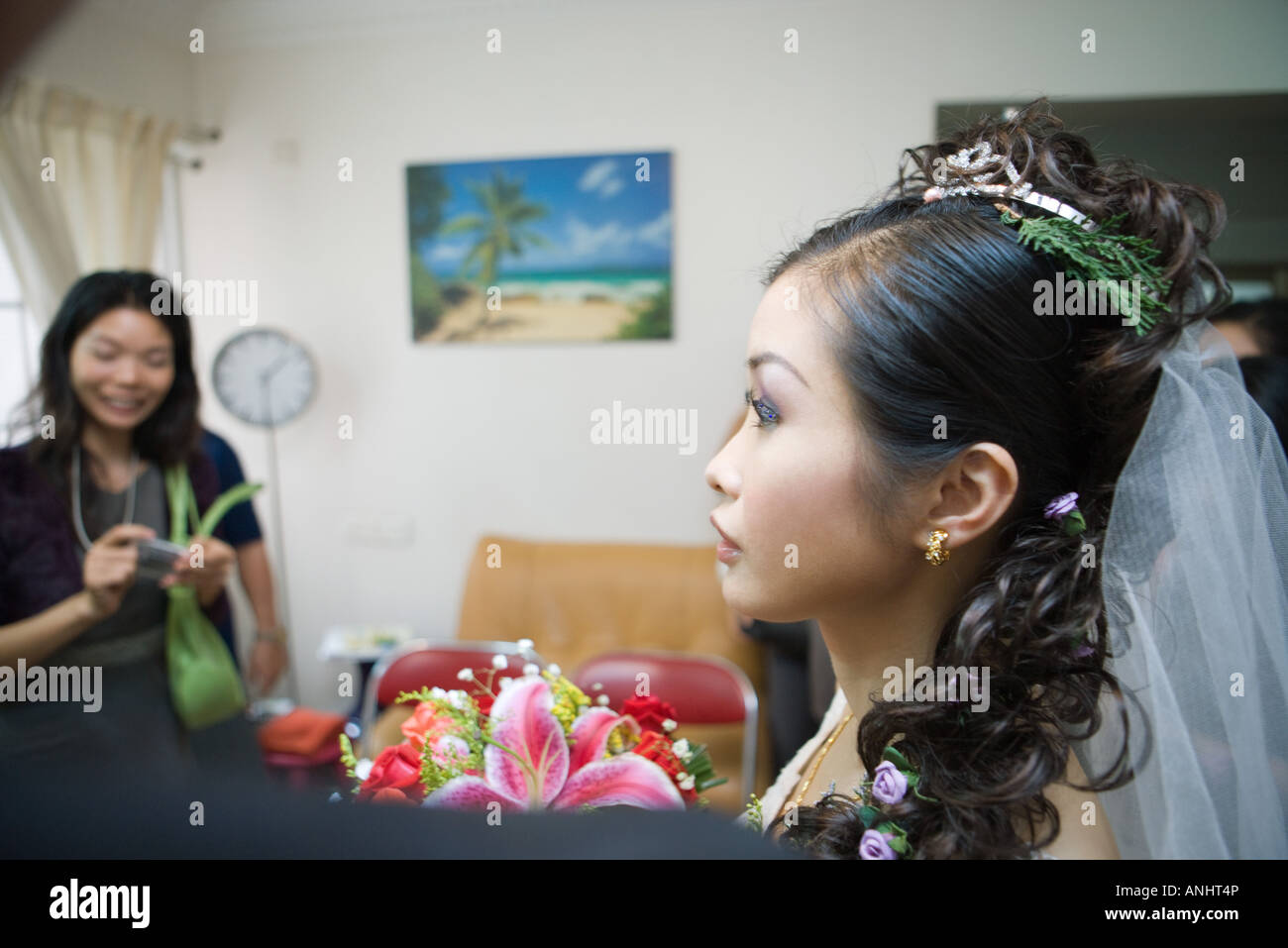 Bride wearing veil, sprig of evergreen in hair, in home interior ...