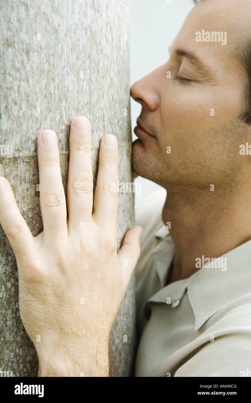 Man smelling tree trunk, eyes closed, close-up Stock Photo - Alamy