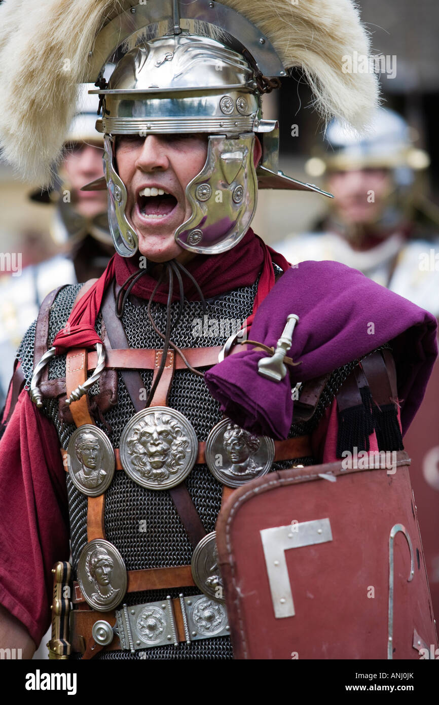 Roman reenactor dressed as a Centurion shouting orders at a Roman Stock ...