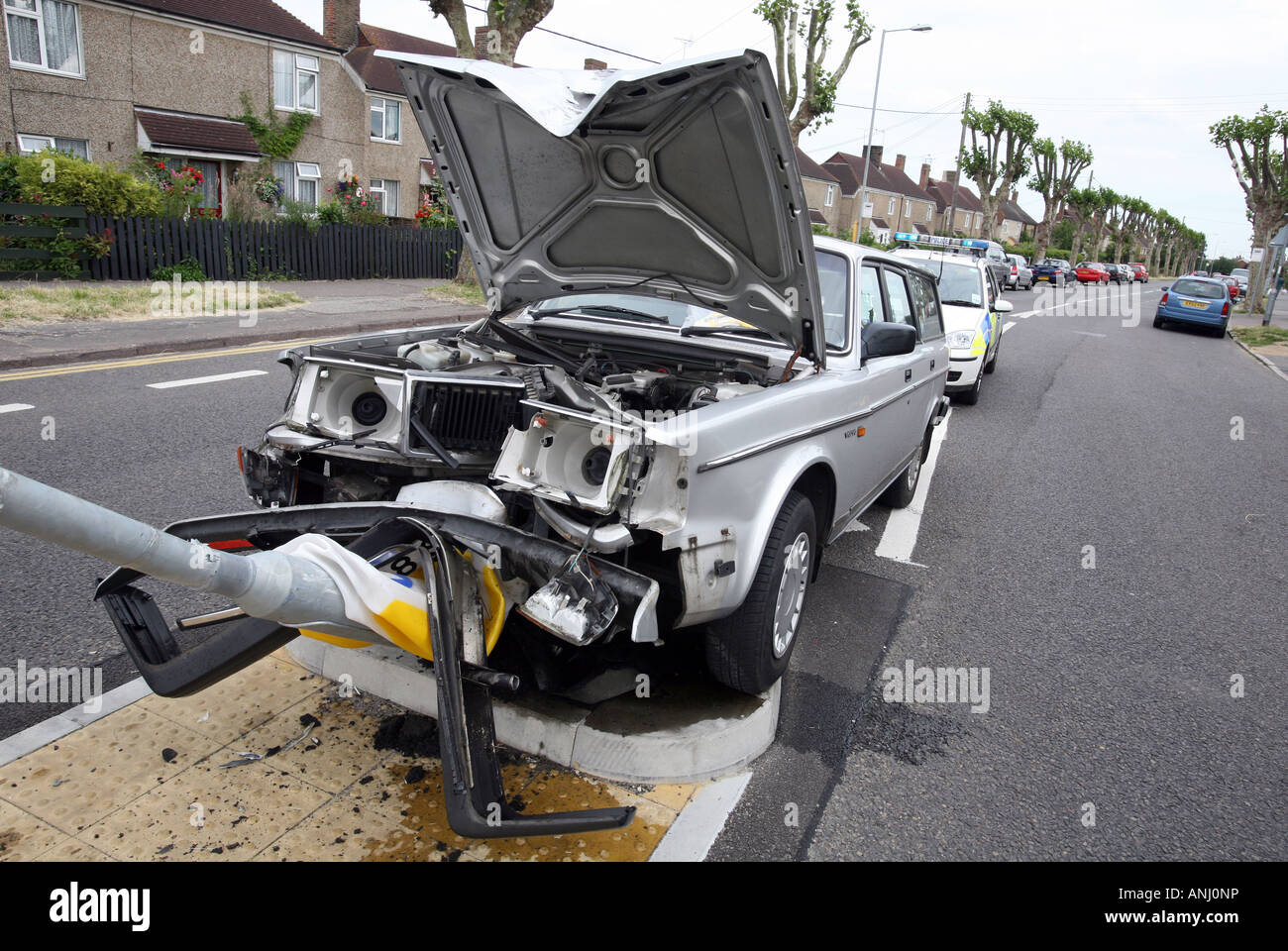 A Volvo car crashed into a signpost Stock Photo - Alamy