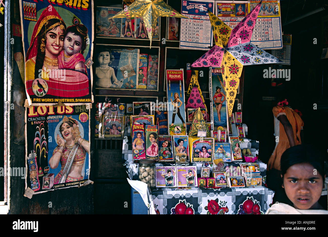 A fireworks stall in the marketplace. Mysore, Karnataka, South India ...