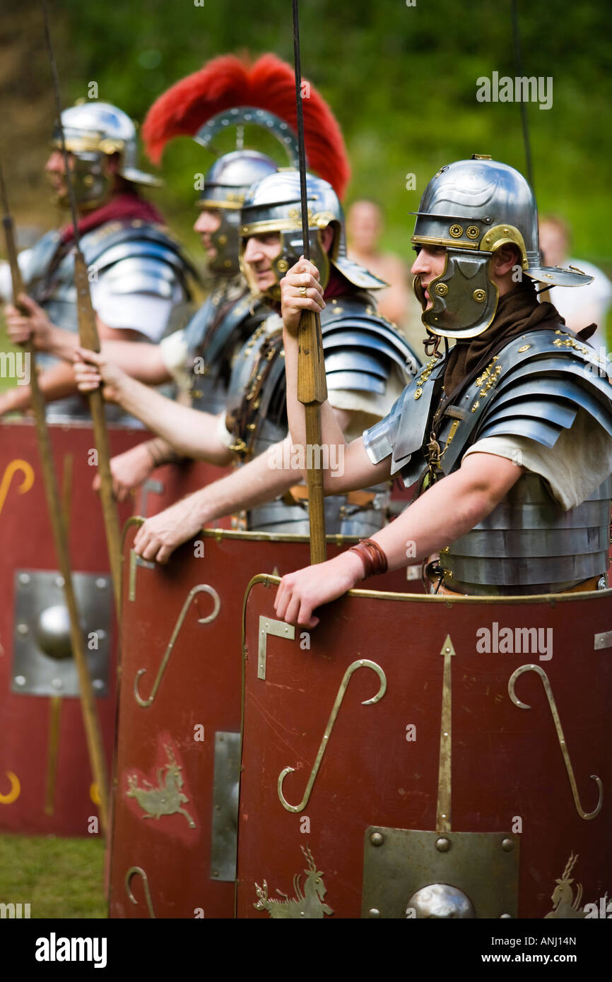 Roman soldiers with shields and weaponry at a Roman army reenactment ...