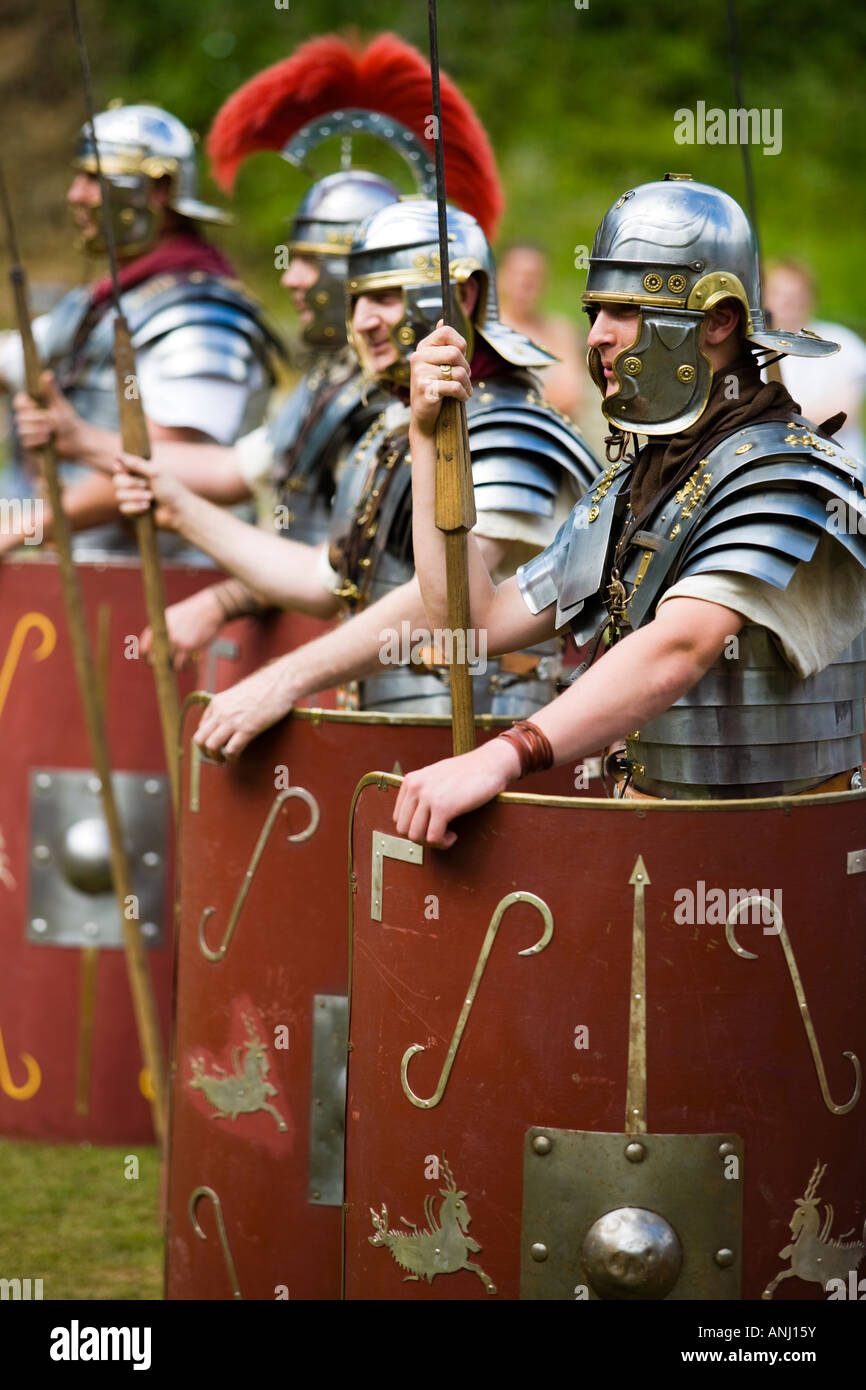 Roman soldiers with shields and weaponry at a Roman army reenactment ...
