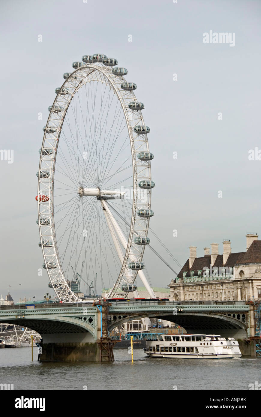 The London Eye and Westminster Bridge, London, UK. Sightseeing boat ...