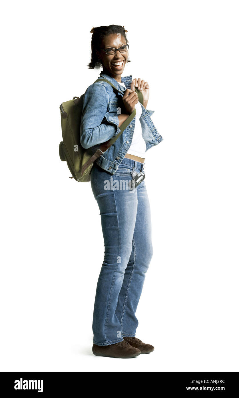 Side profile of a young woman carrying a backpack Stock Photo - Alamy