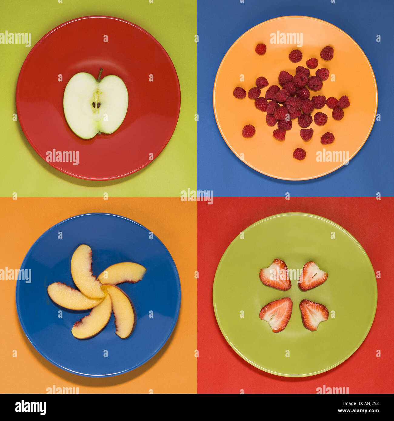 High angle view of fruits in plates Stock Photo - Alamy