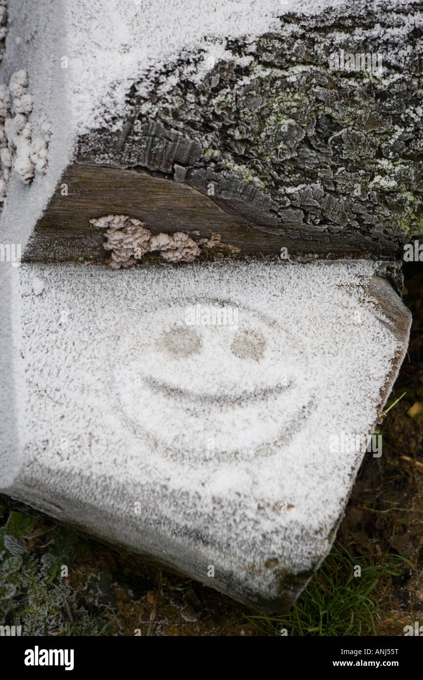 Happy smiley face 'finger drawn' in heavy frost Stock Photo - Alamy