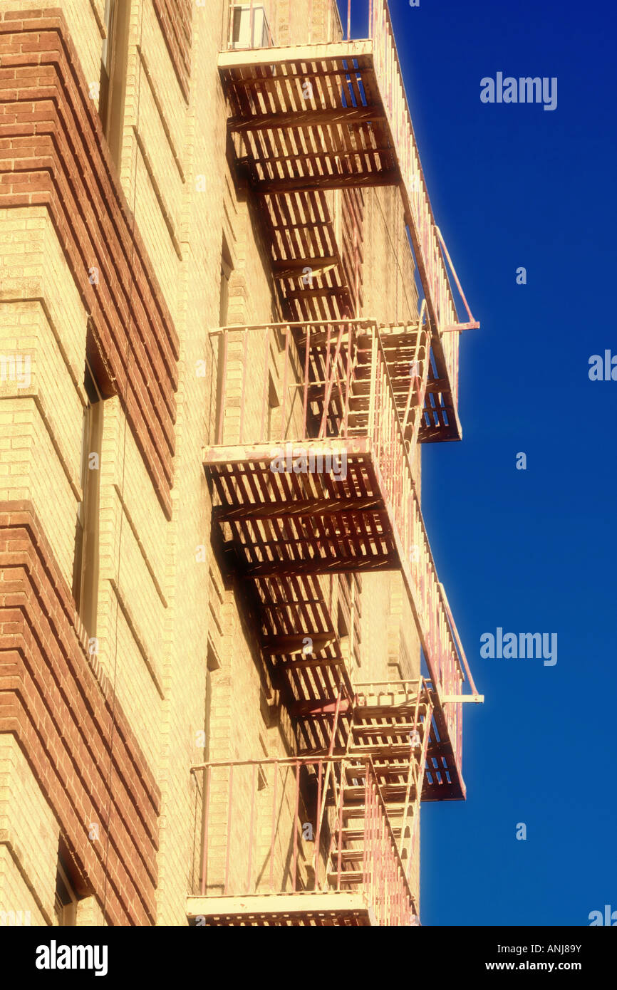 Building external fire stairs (balcony) viewed from the bottom ...