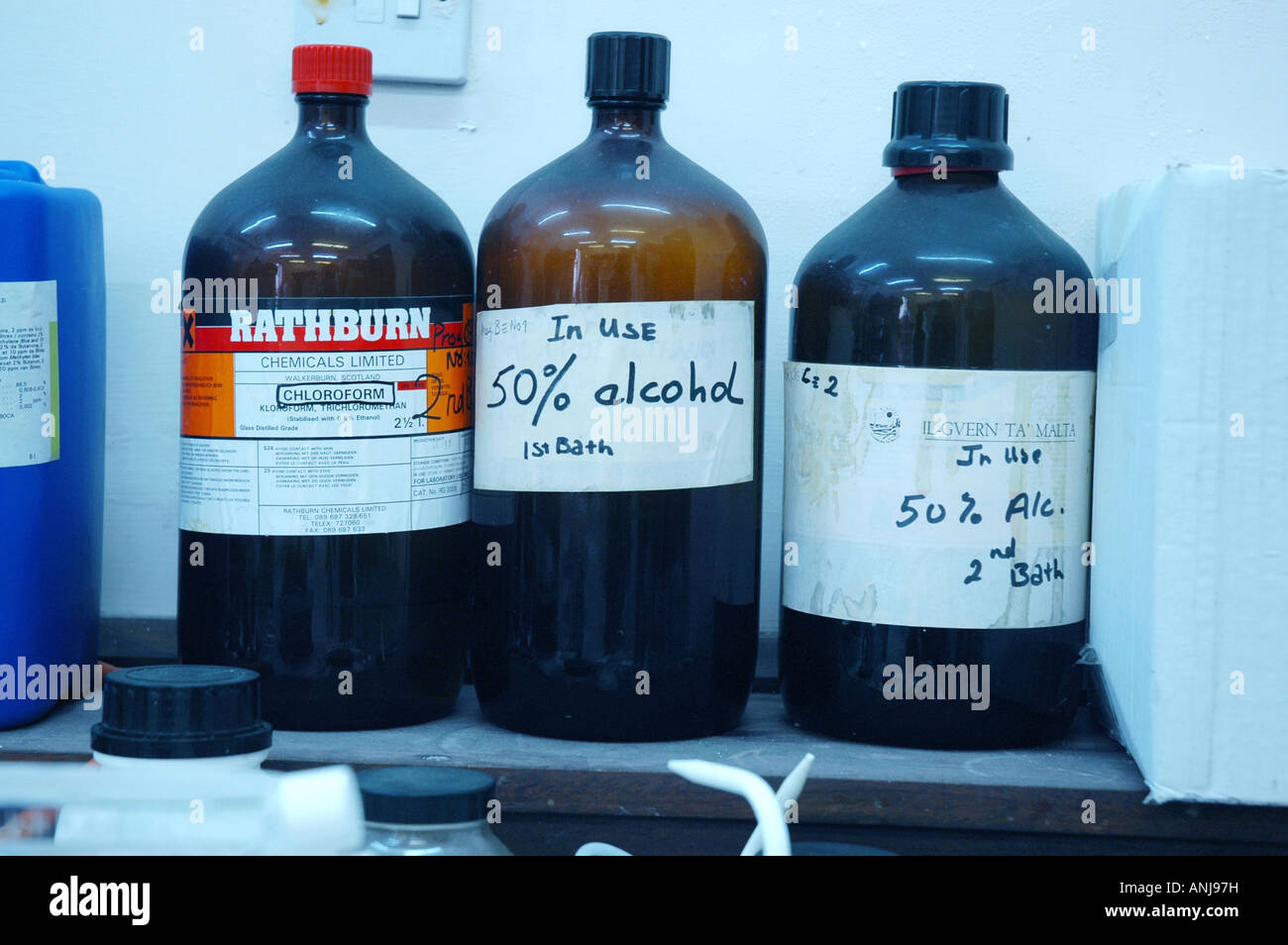 A shot of a group of chemical jars and containers in a laboratory Stock ...