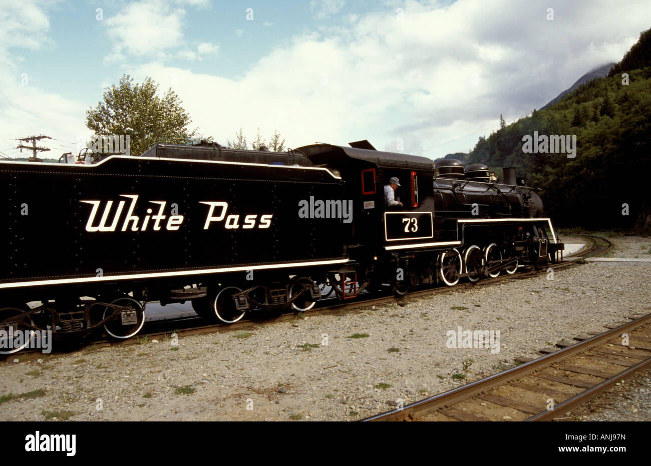 AK Skagway Alaska White Pass Yukon Railroad locomotive steam train ...