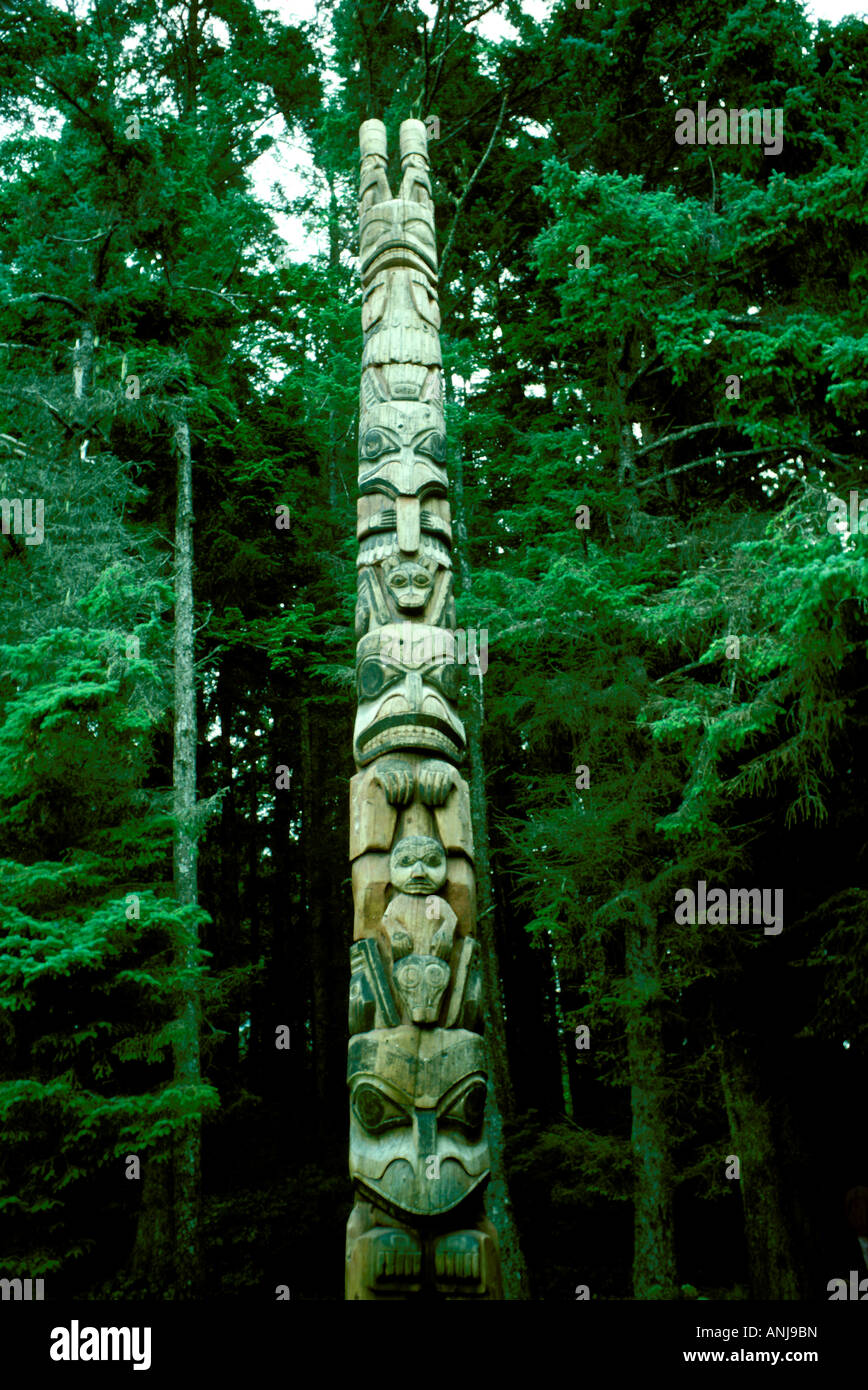 AK Alaska Sitka National Historic Park totem pole in rain forest ...