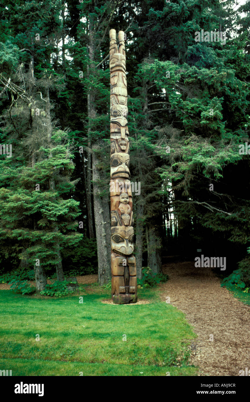 AK Alaska Sitka National Historic Park totem pole in rain forest ...