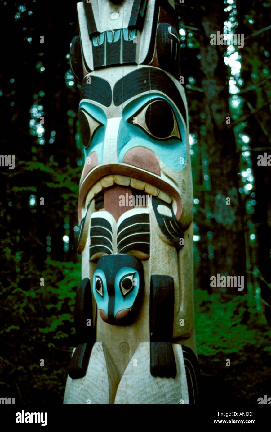 AK Alaska Sitka National Historic Park totem pole in rain forest ...