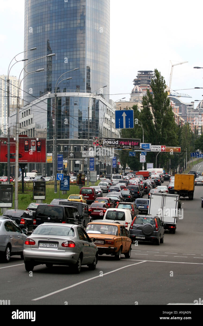 Traffic congestion on a busy street in Kyiv with cars, buses, and ...