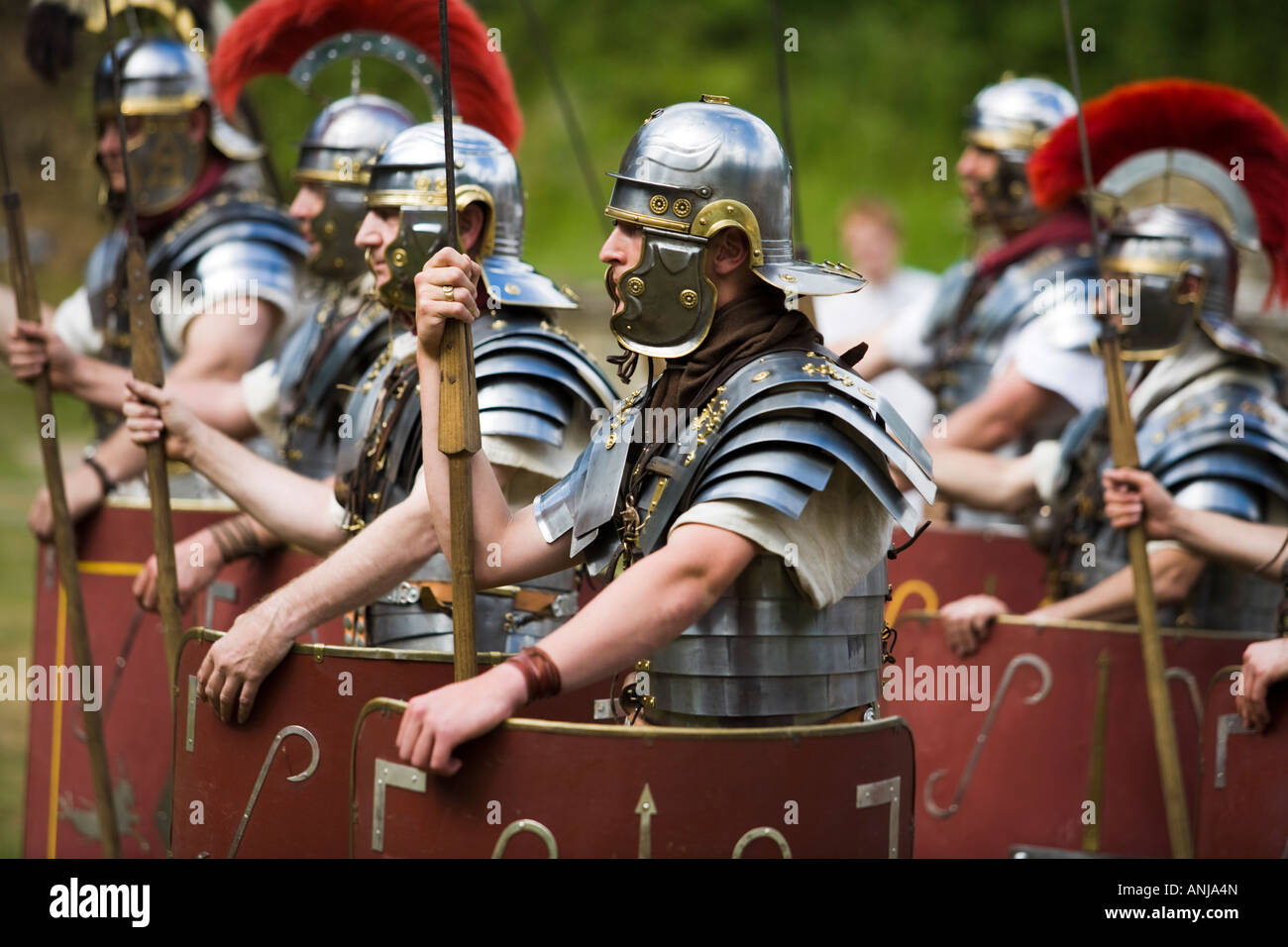 Roman soldiers with shields and weaponry at a Roman army reenactment ...