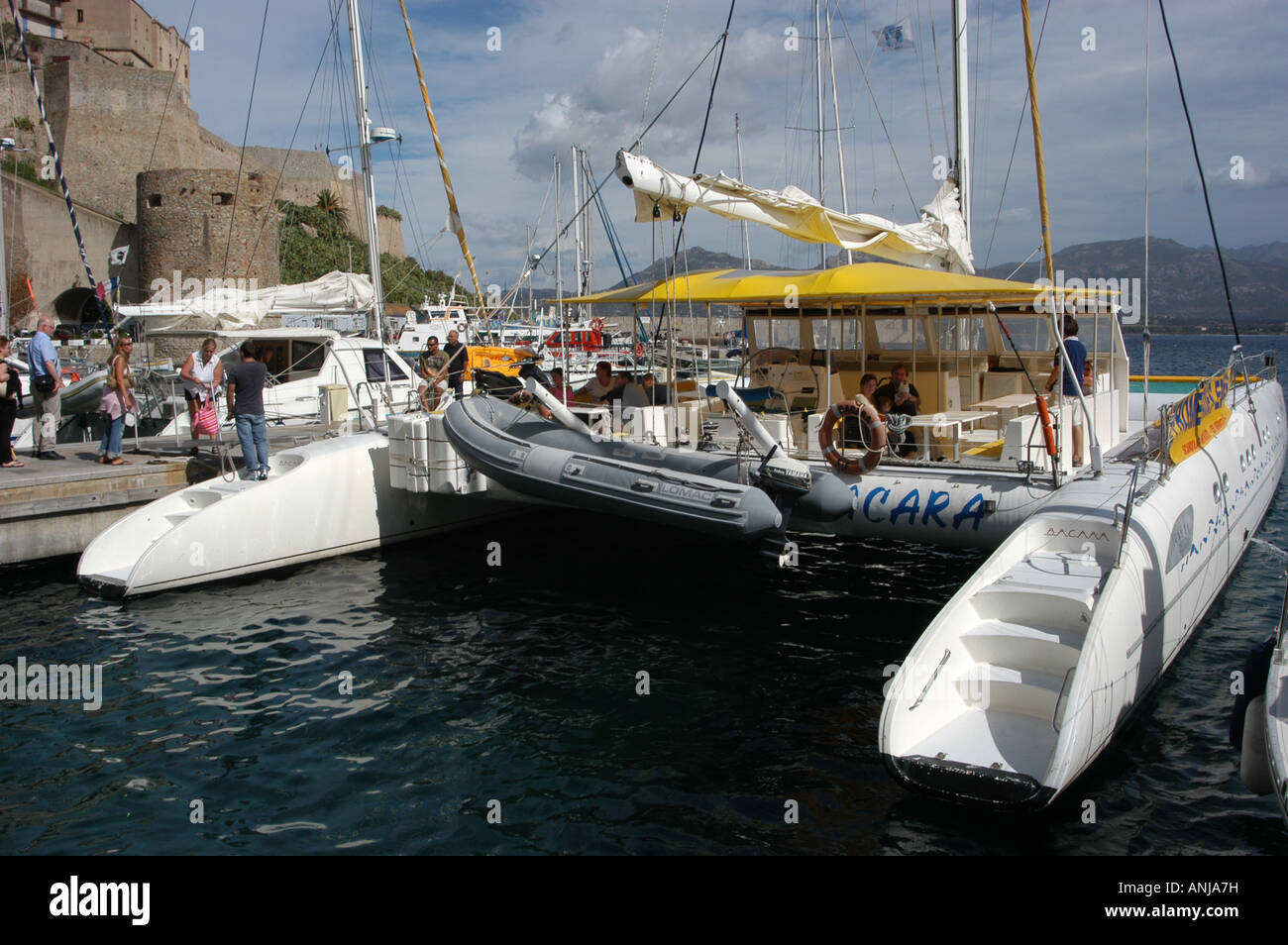 A moored catamaran catering for tourist rides for short excursions in ...