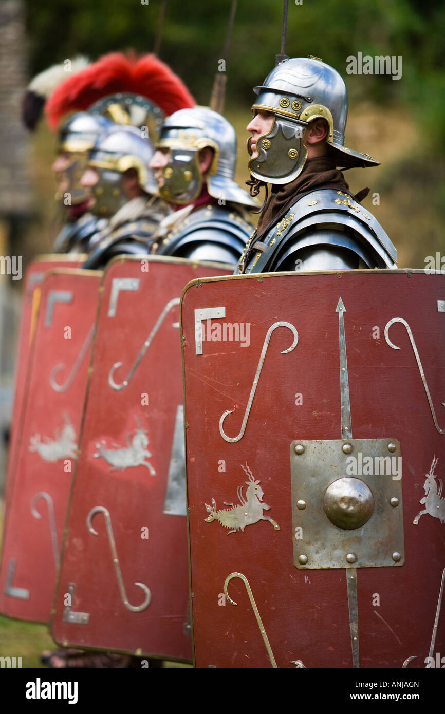 Roman soldiers with shields and weaponry at a Roman army reenactment ...