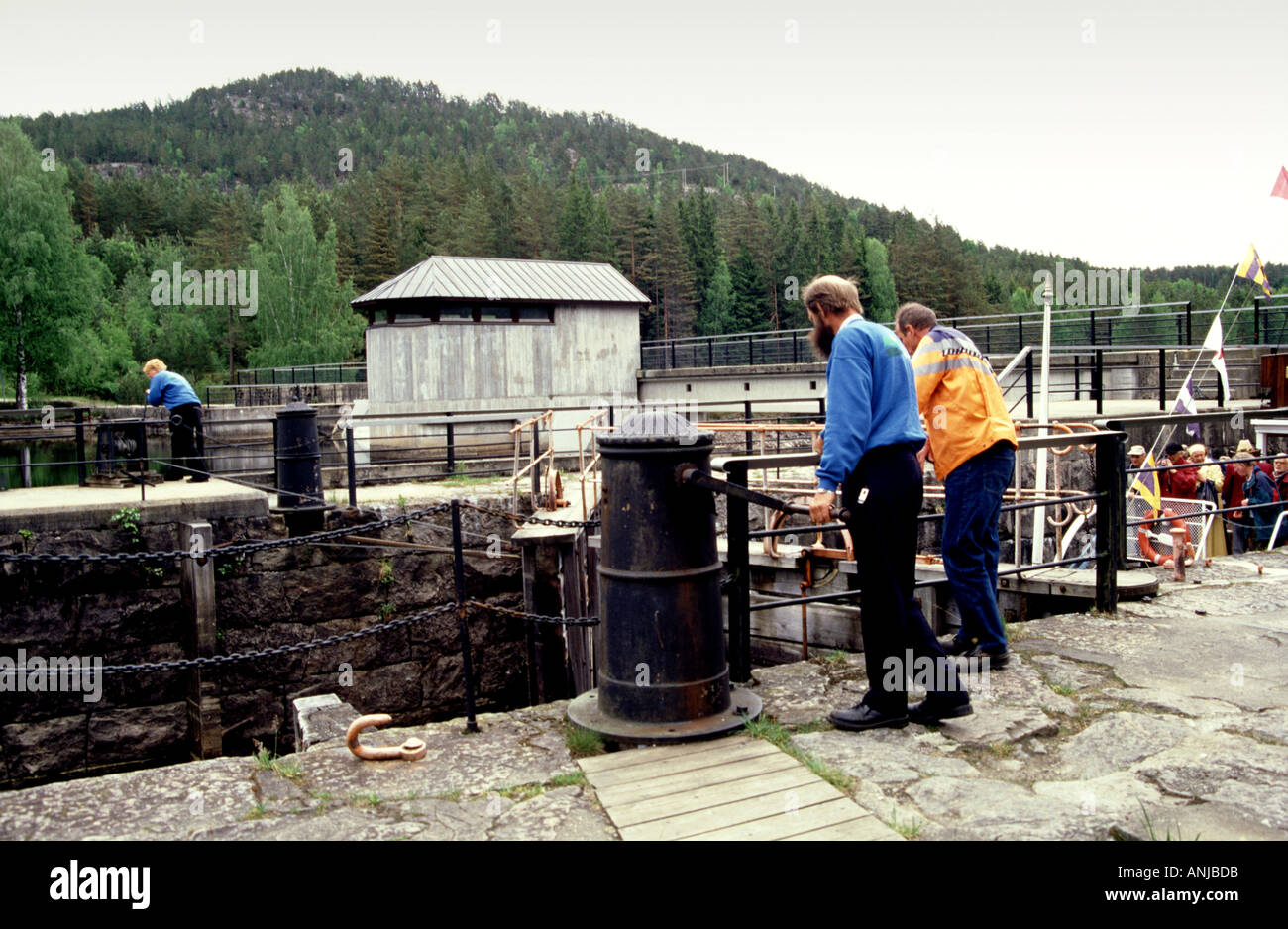 Lock keepers operating the lock gates at one of the many locks on the ...