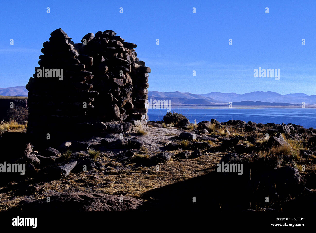 Incan funerary towers chullpas of the Colla people on Lake Umayo near ...