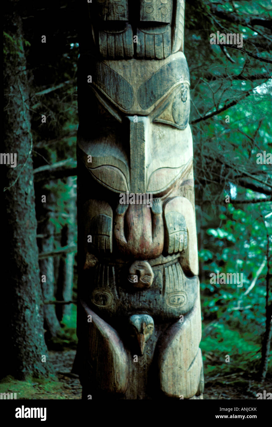 AK Alaska Sitka National Historic Park totem pole in rain forest ...