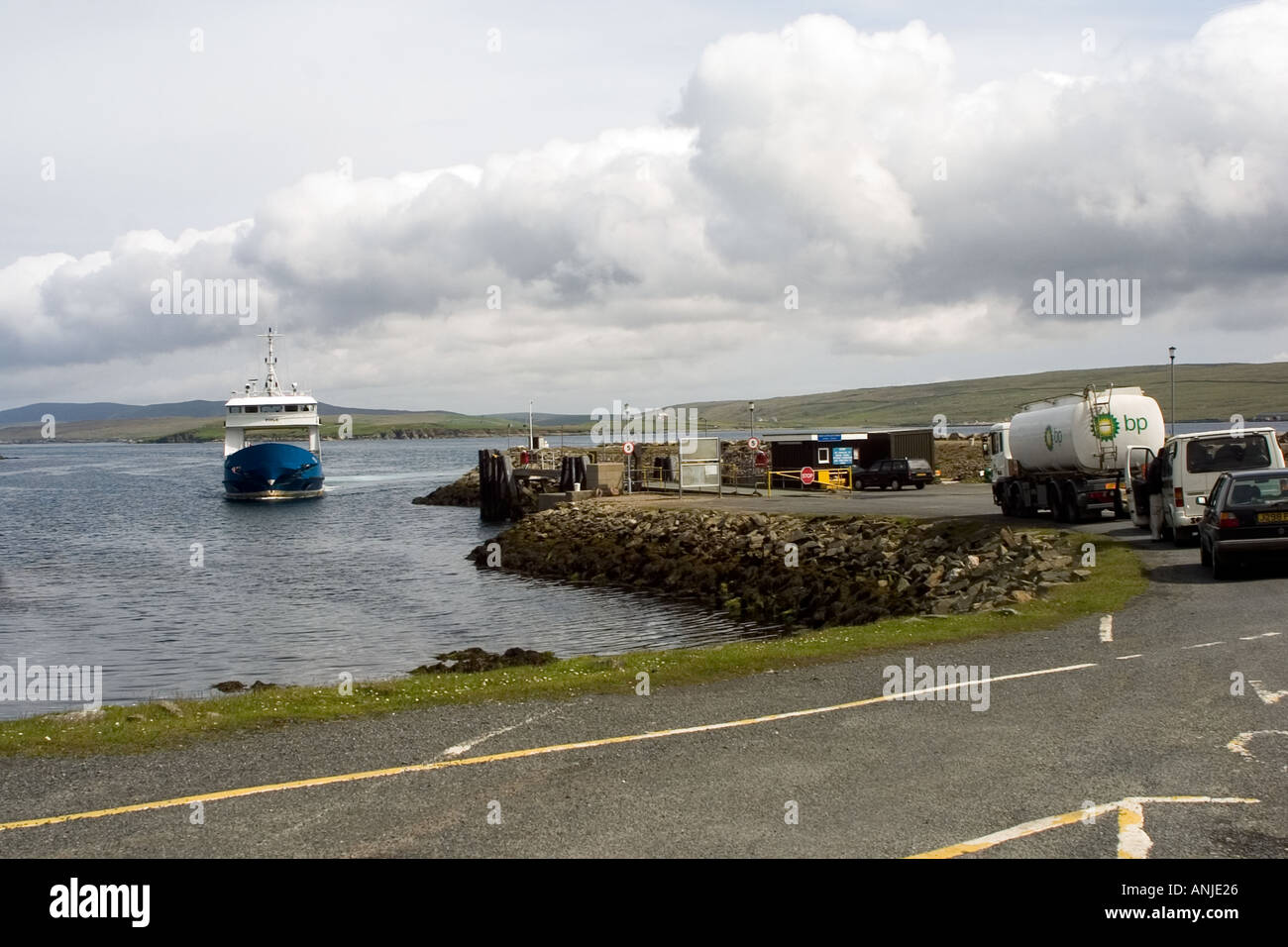 Ferry between Yell and Unst enters Gutcher harbour on Yell Shetland ...