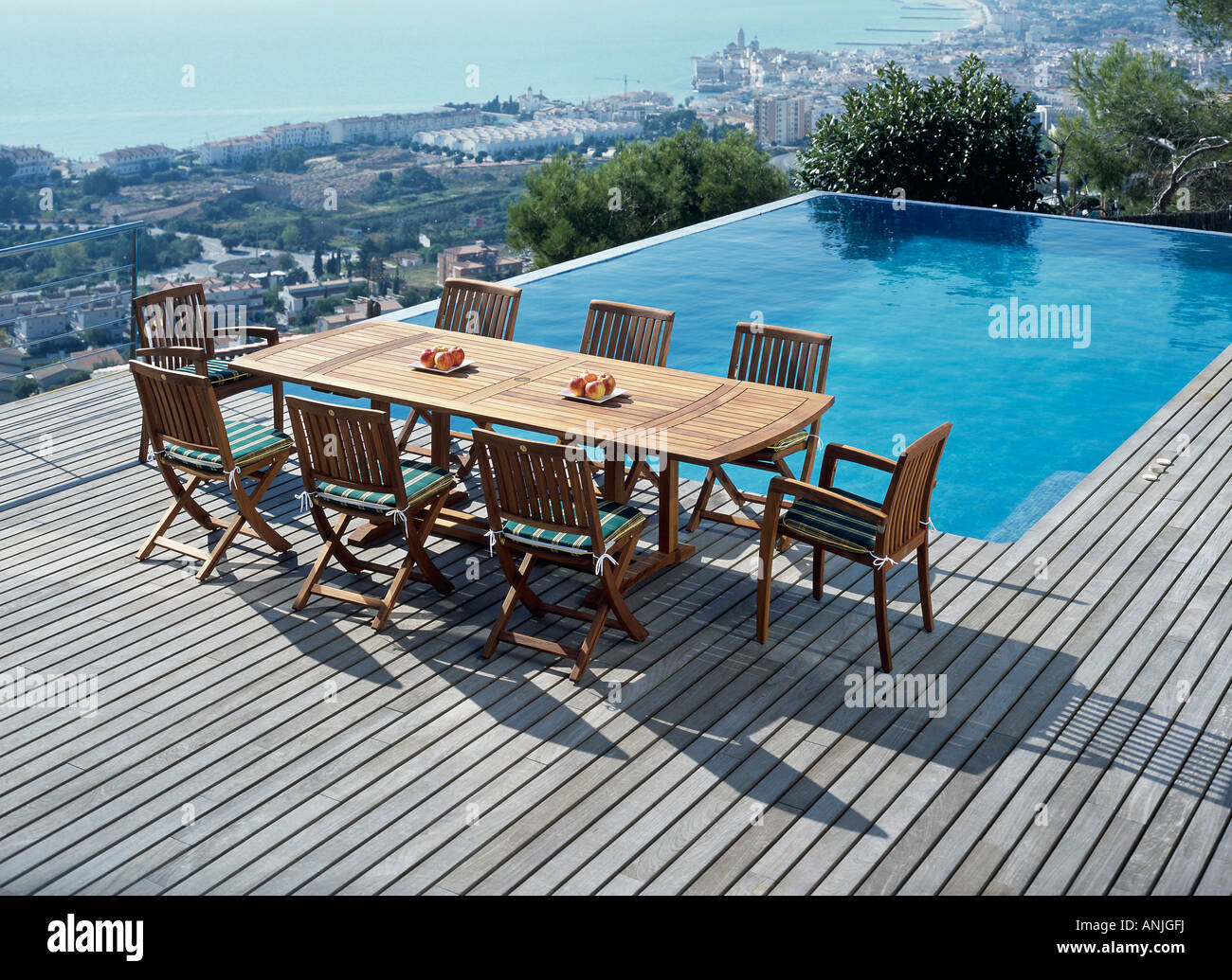 View of a dining table beside a clear swimming pool Stock Photo - Alamy