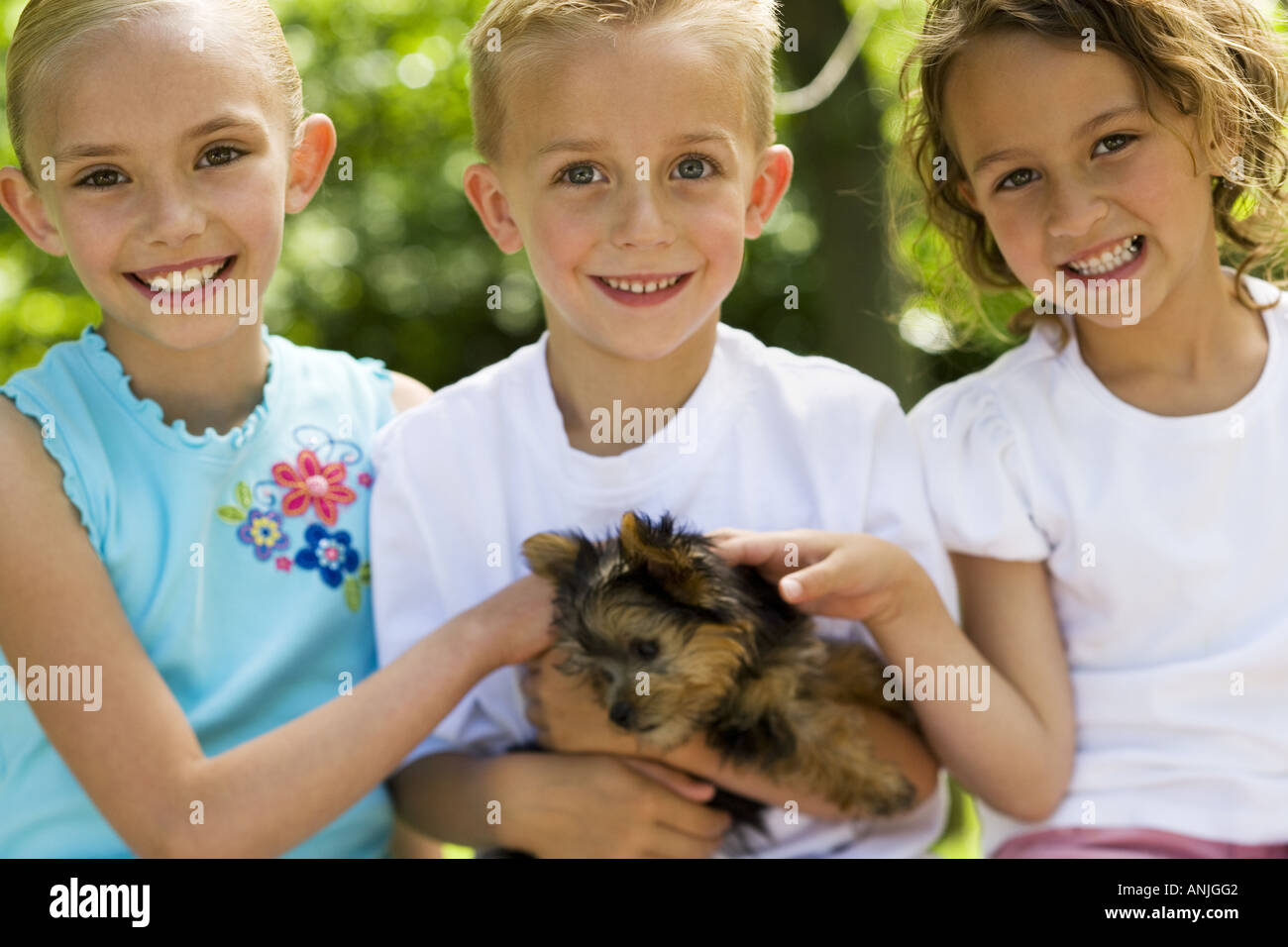 Portrait of three children carrying a dog Stock Photo - Alamy