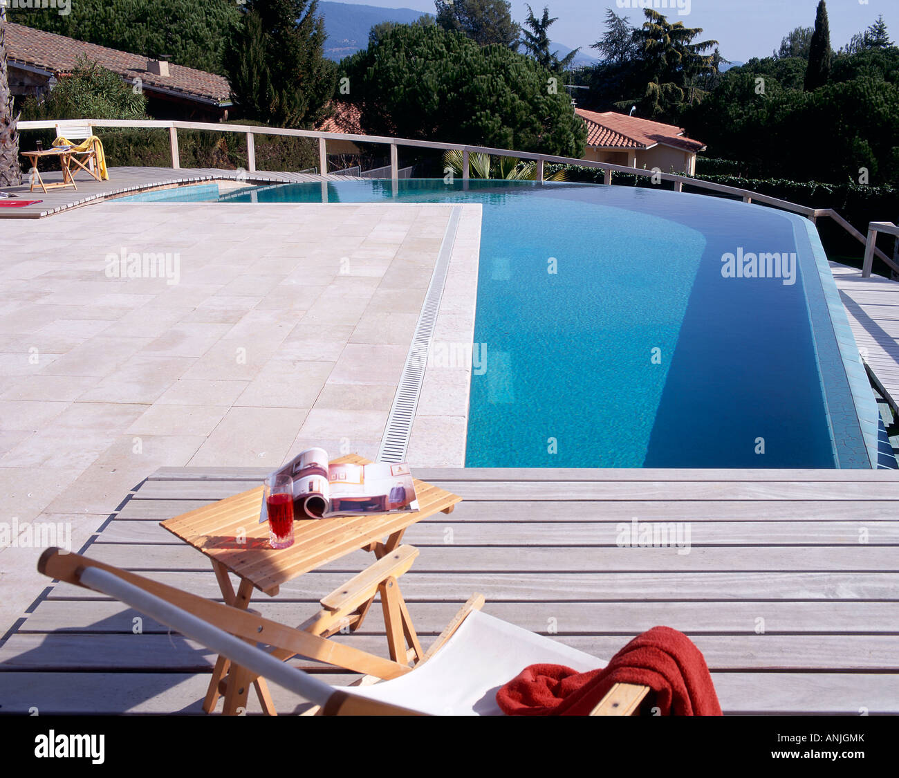 View of a swimming pool with deck chairs and tables Stock Photo - Alamy
