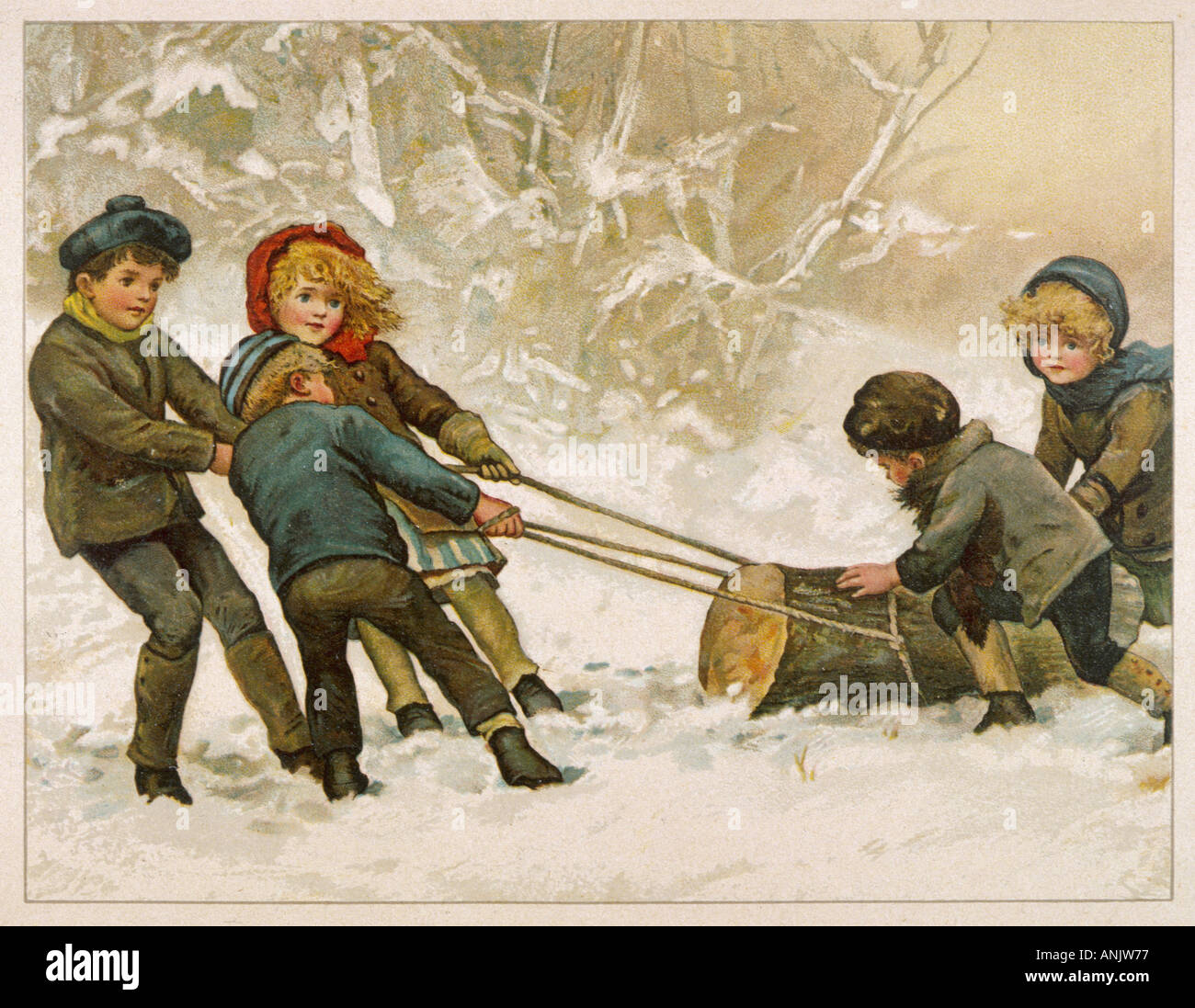 Children And Yule Log Stock Photo - Alamy