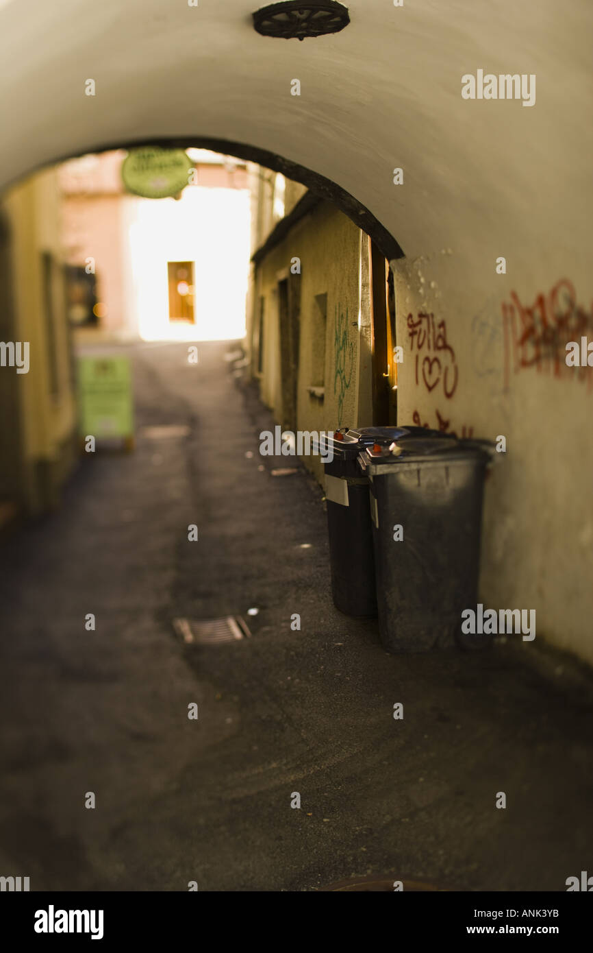 Garbage bin in an empty alley Stock Photo - Alamy