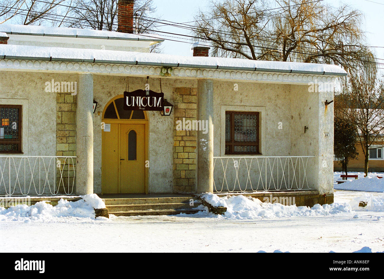 In the Tokaj village Mad: a bar / café with a sign advertising “Unicum ...