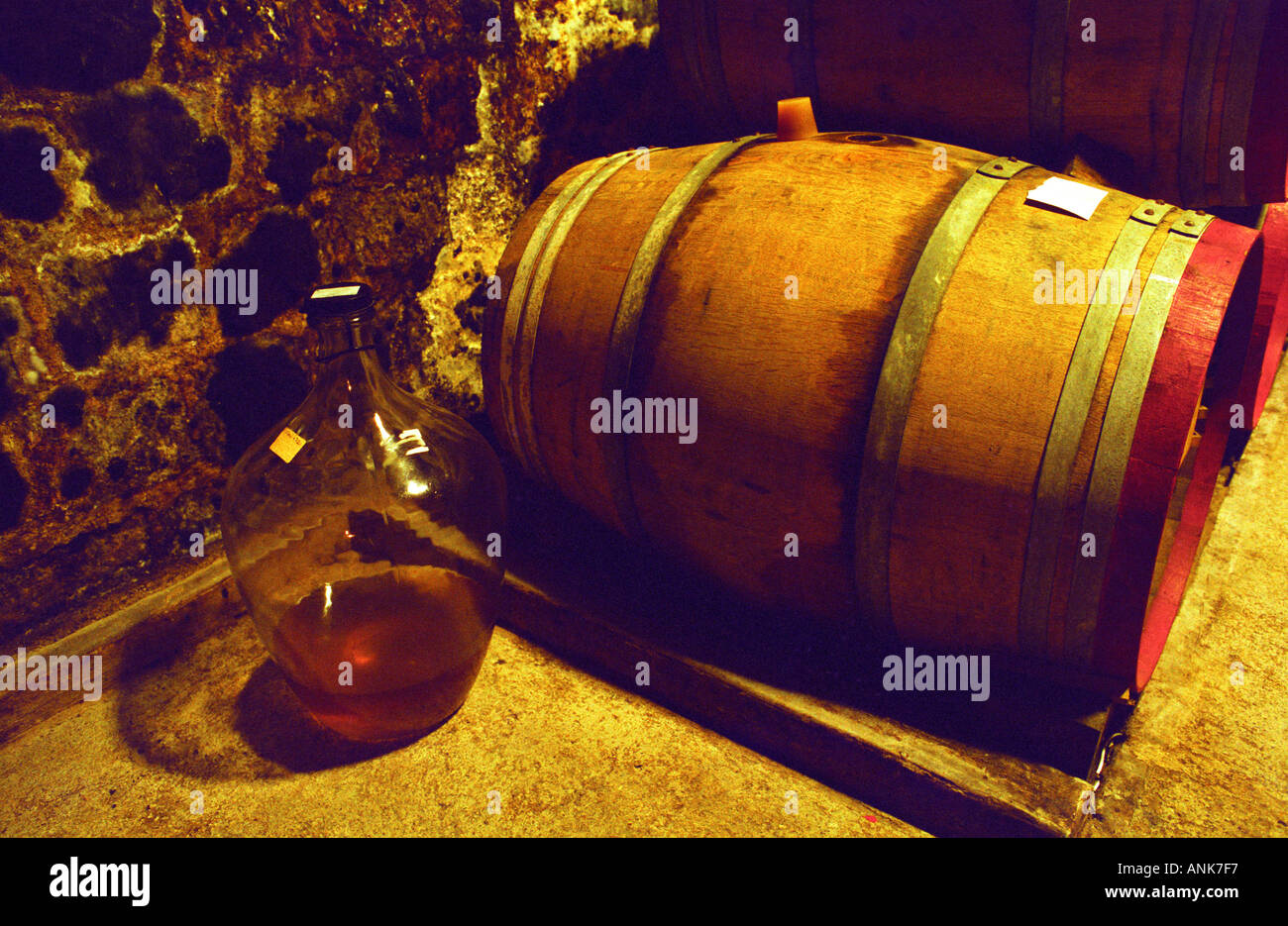 The Disznoko winery in Tokaj: In the cellar, a wooden barrel and a ...
