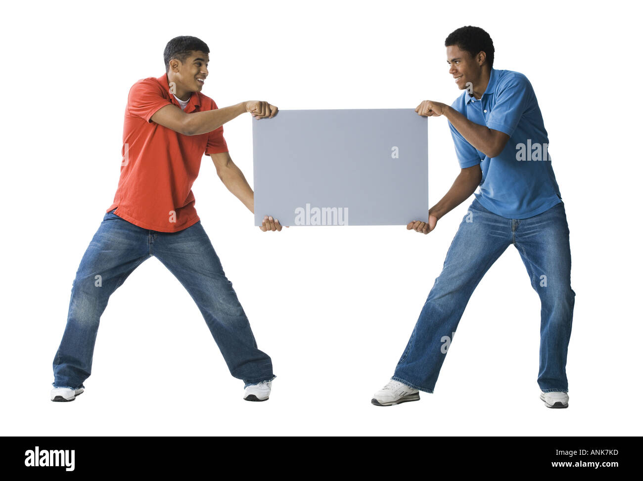Two young men fighting over a blank sign Stock Photo - Alamy