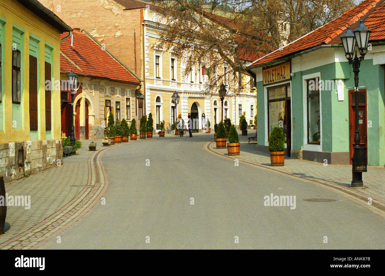 The Tokaj village: the main street with its colourful houses in blue ...