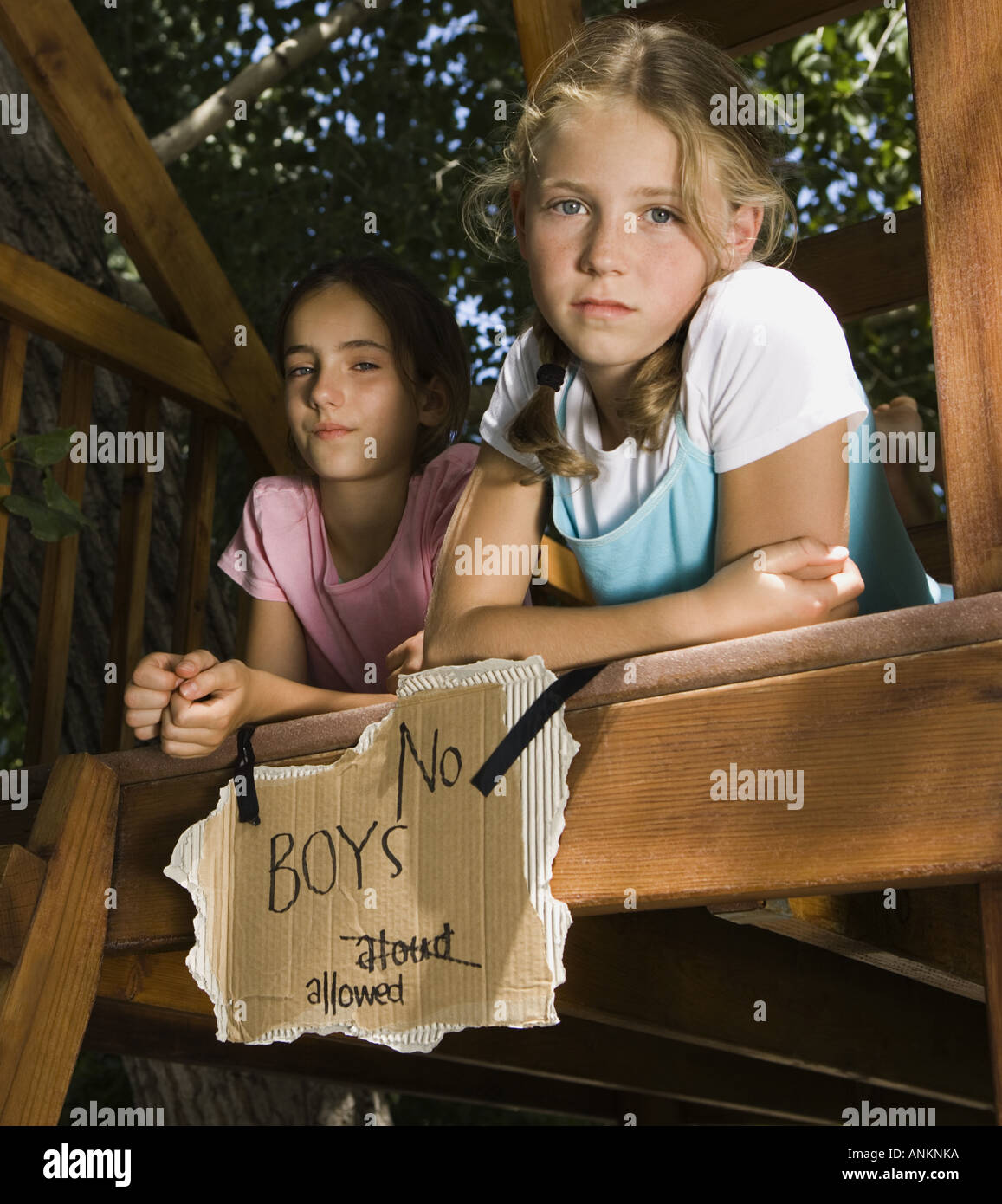 Portrait of two girls on a tree house Stock Photo - Alamy
