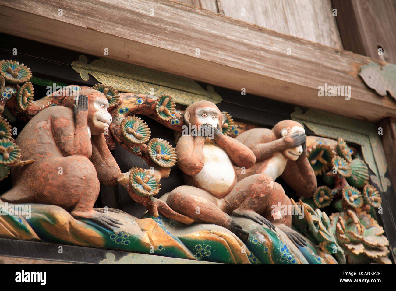 The famous 17th century carving of the Three wise monkeys at the Nikko ...