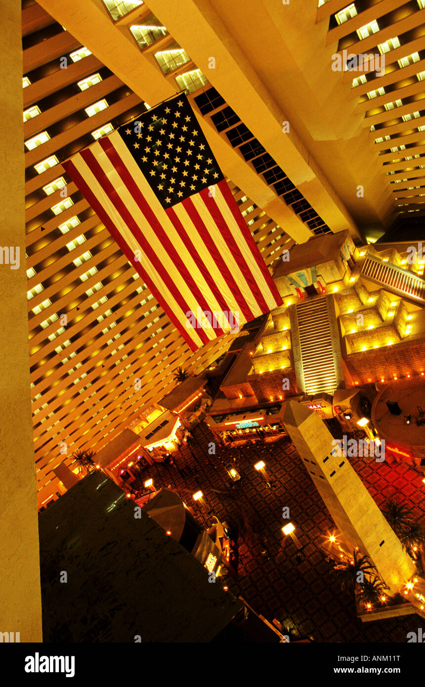 American flag hanging from the center of the pyramid of the Luxor Hotel ...