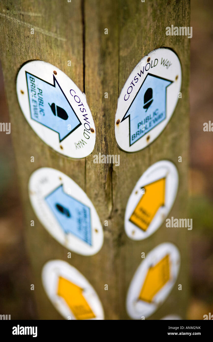 Footpath signs on a waymark post on the Cotswold Way, Gloucestershire ...