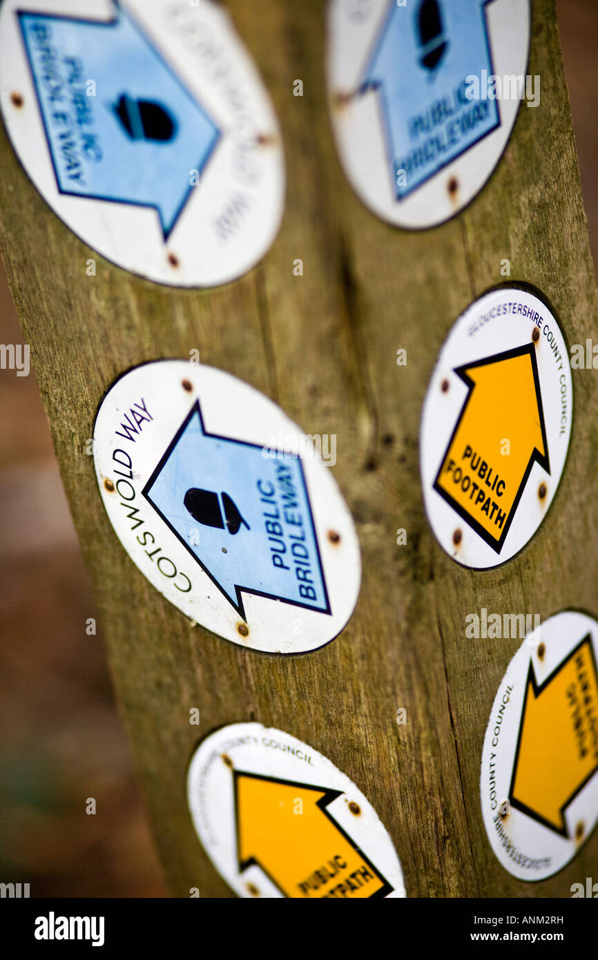 Footpath signs on a waymark post on the Cotswold Way, Gloucestershire ...
