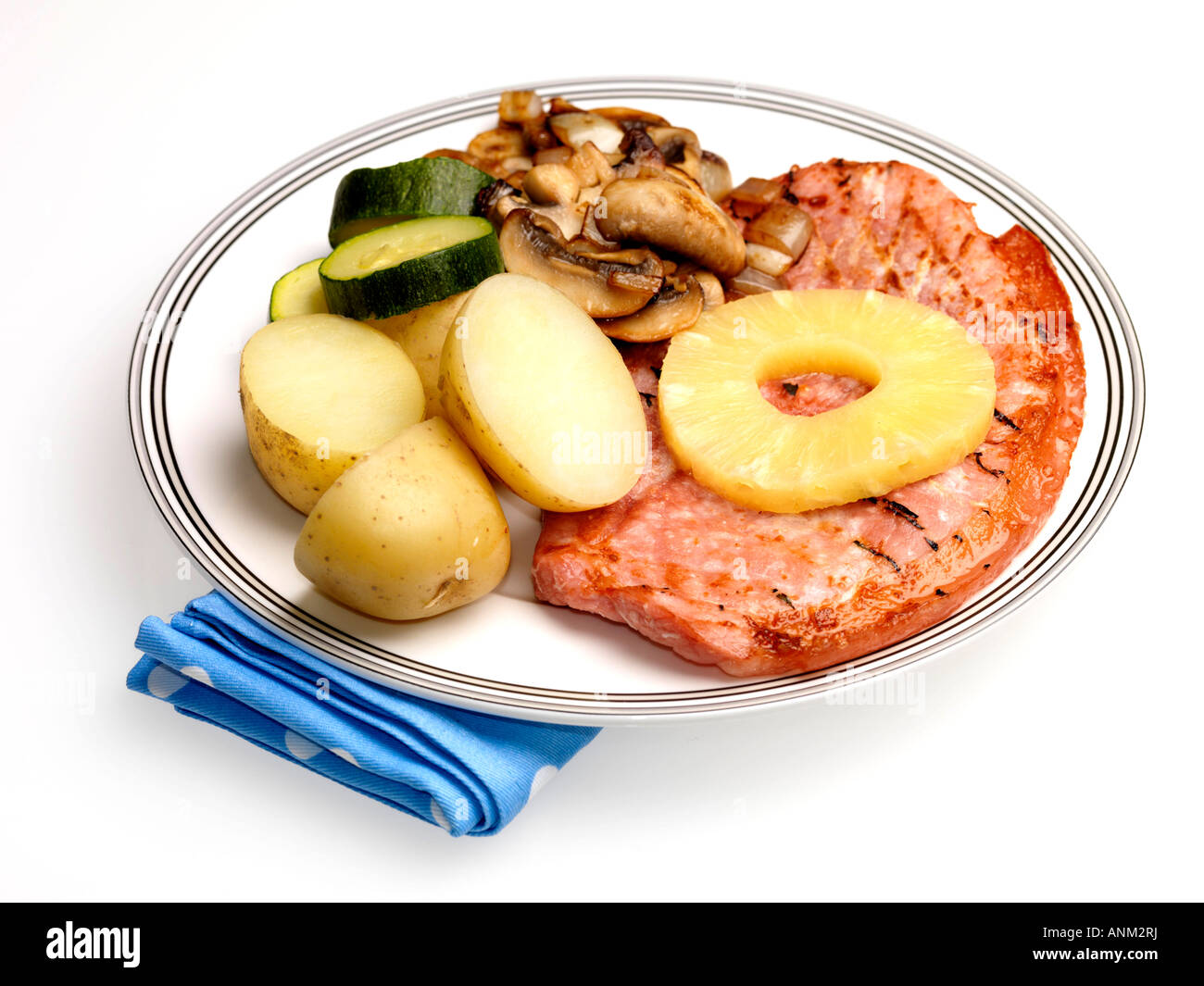 Gammon with Potatoes and Mushrooms Stock Photo - Alamy
