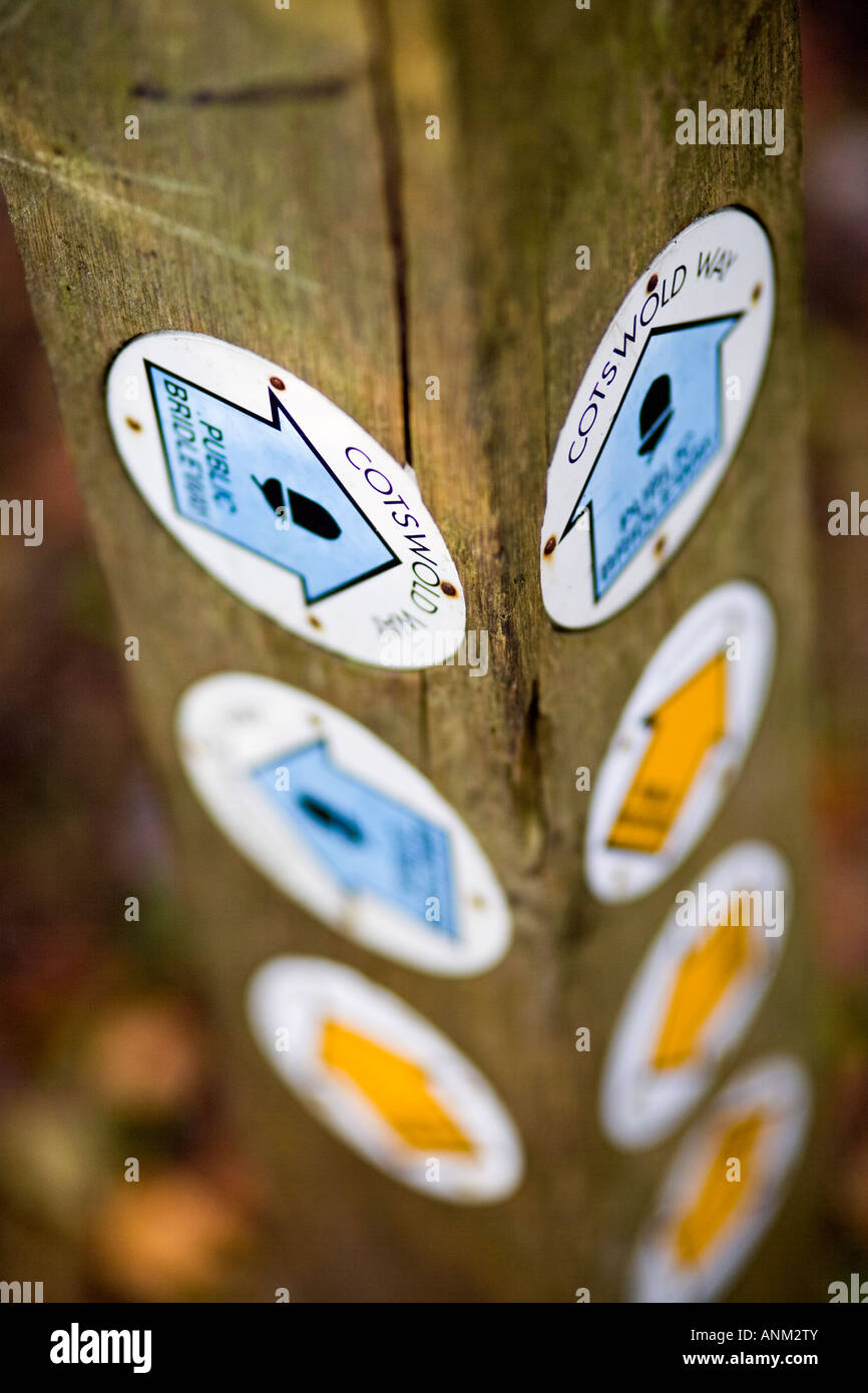 Footpath signs on a waymark post on the Cotswold Way, Gloucestershire ...