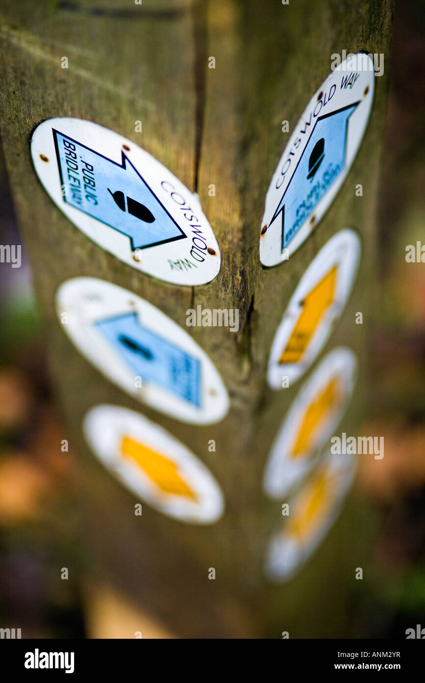 Footpath signs on a waymark post on the Cotswold Way, Gloucestershire ...