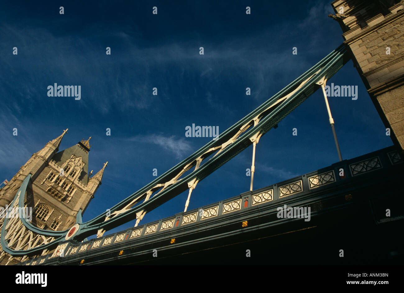 Iconic landmark Victorian parapets of Tower Bridge and sunny blue sky ...