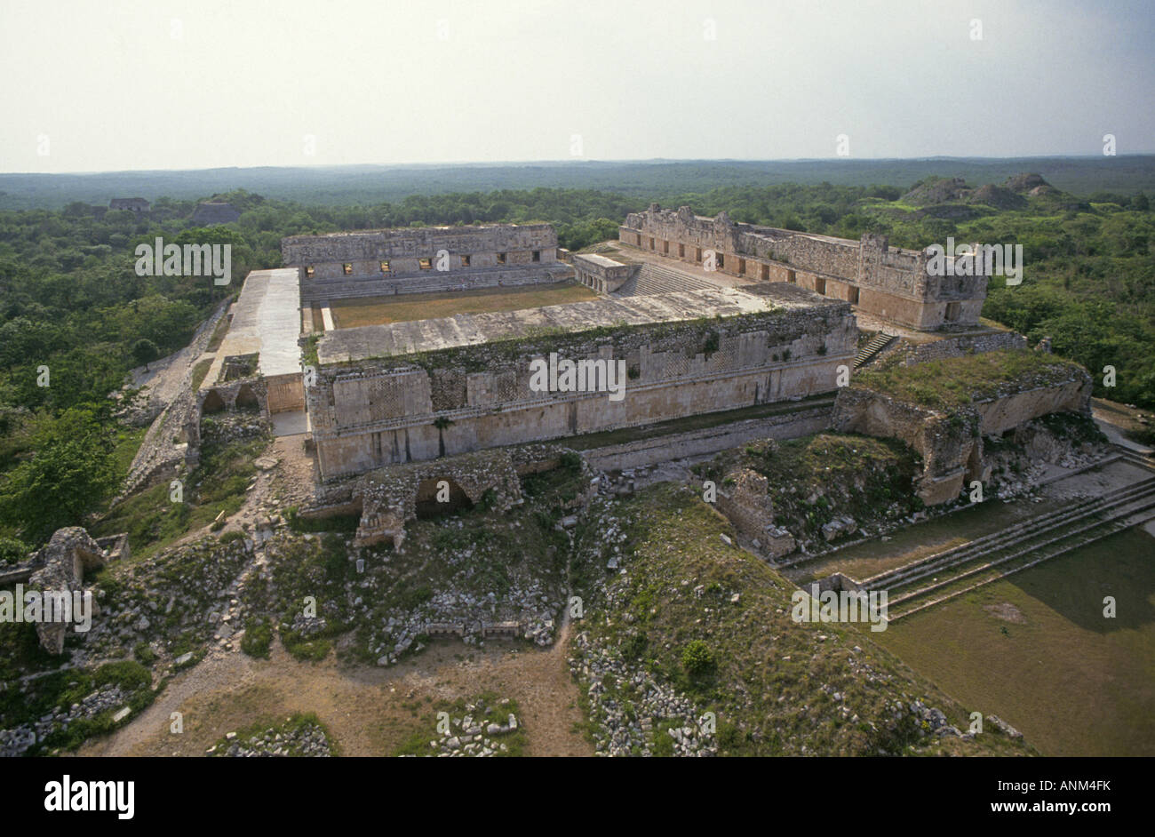 A view of the ancient ball court and an overview of the ancient ruined ...