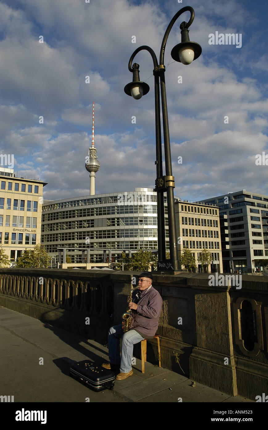 Spree River Fernsehturm TV tower lampposts Berlin Germany vertical ...