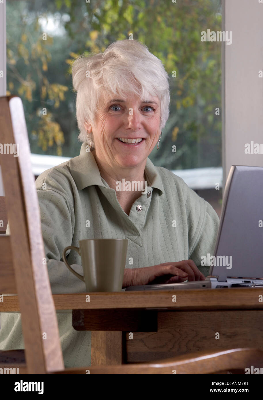 Senior woman works on a laptop computer at home Stock Photo - Alamy