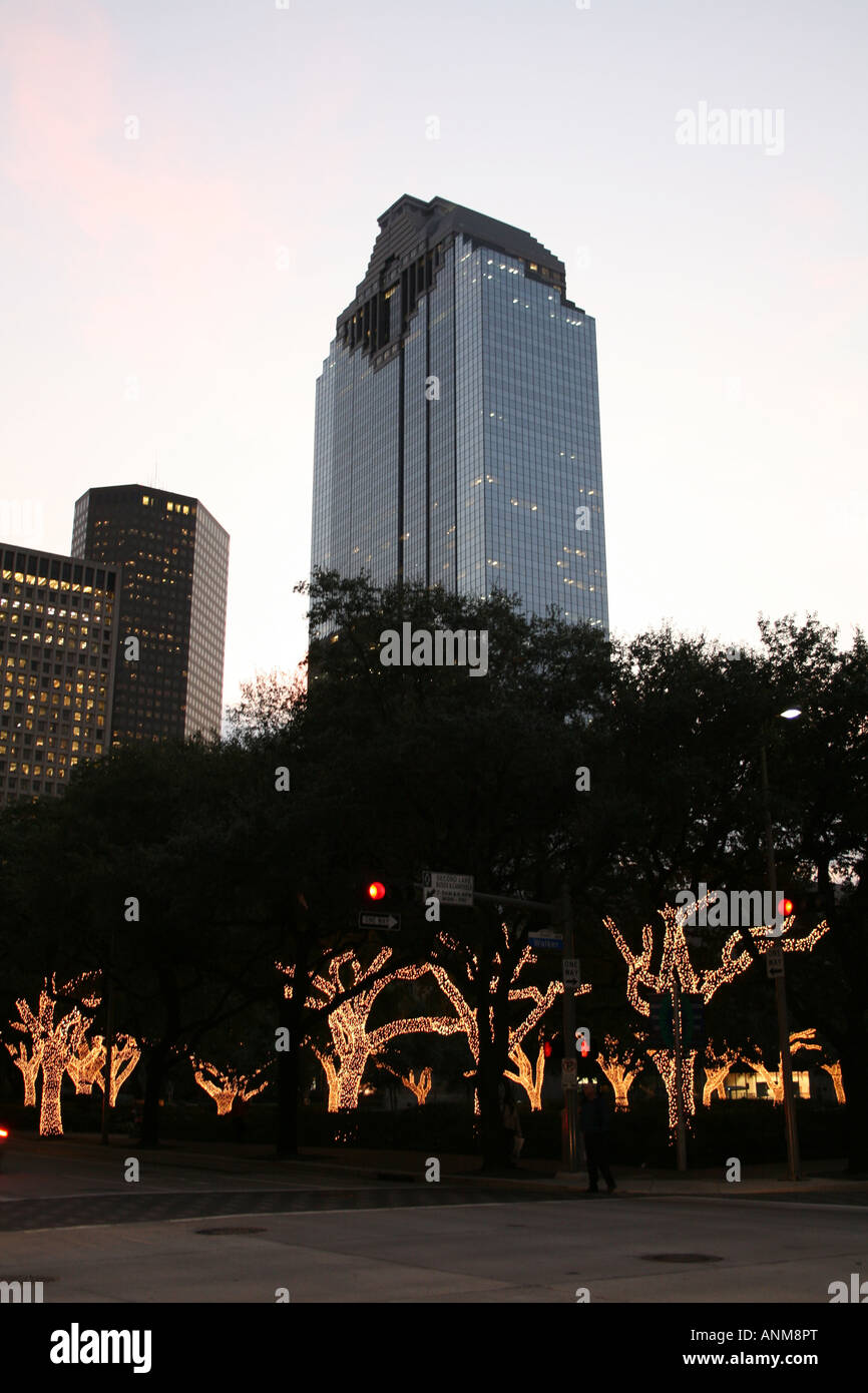 Trees covered in lights with skyscraper Downtown Houston Texas dusk ...