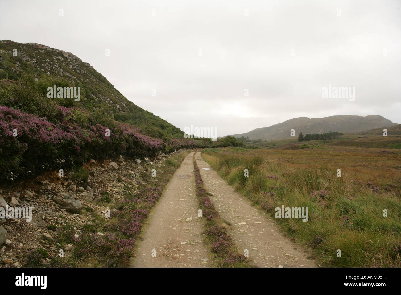 Landscape scene with dirt track near loch Hope, Scottish Highlands ...